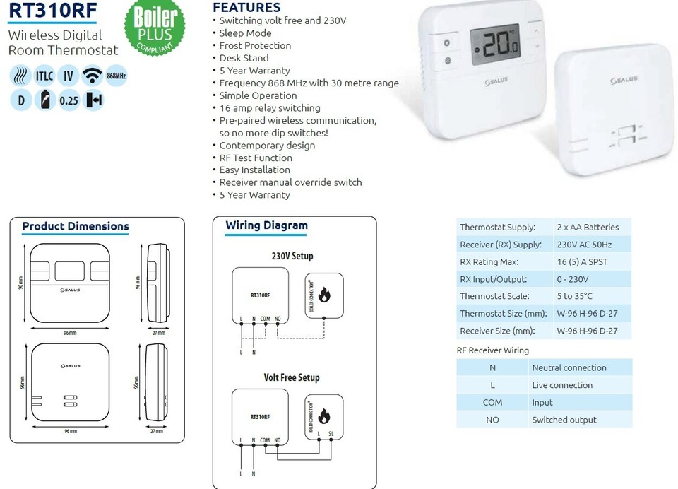 SALUS RT310RF DIGITAL WIRELESS CENTRAL HEATING ROOM THERMOSTAT | eBay