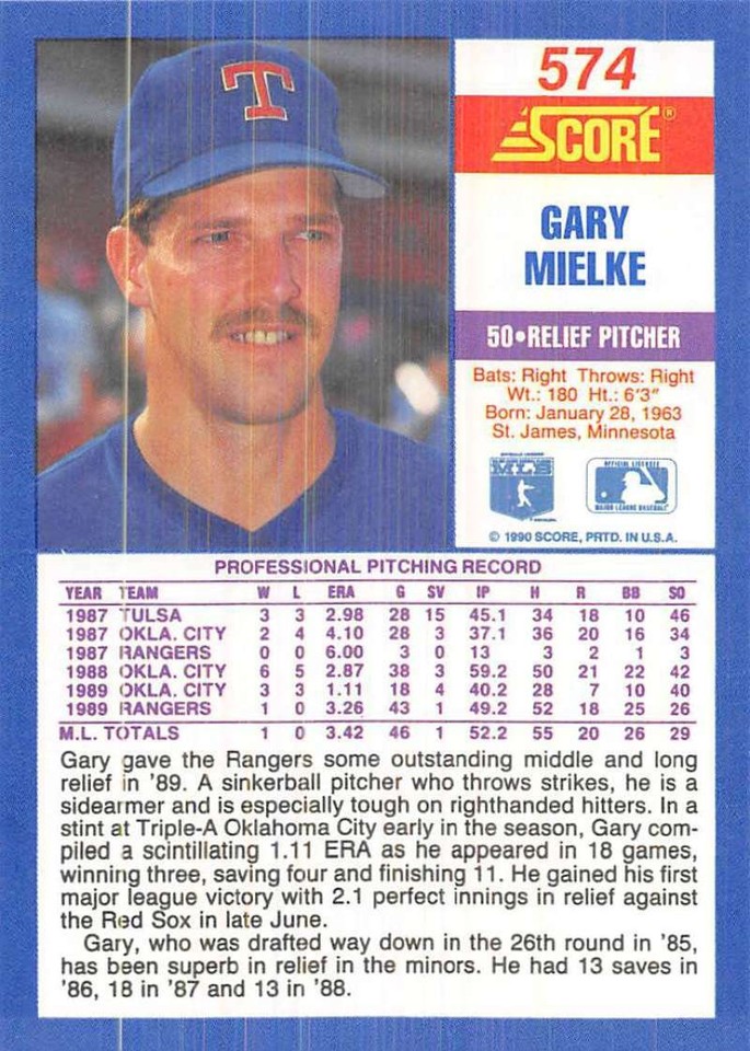 1990 Score #574 Gary Mielke NM-MT RC Rookie Rangers | eBay