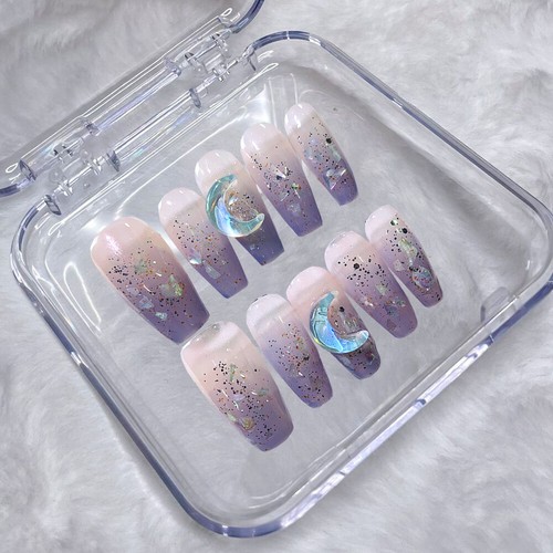 10PCS Handmade Fake Nail Purple Shiny Medium Coffin Press on Nails for ...