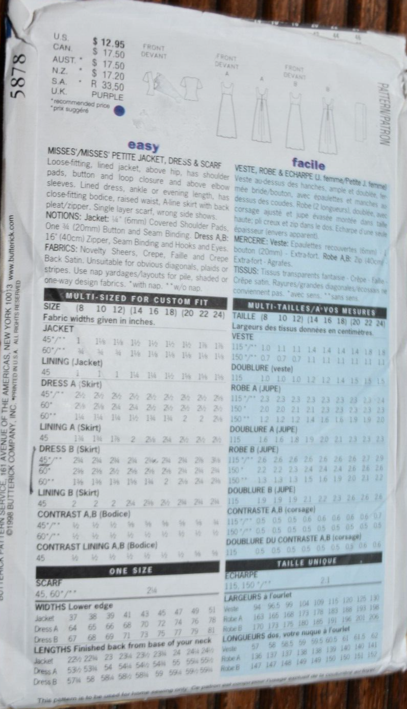 Butterick 5878 Sewing Pattern Uncut Misses Long Dress Jacket Scarf Size ...