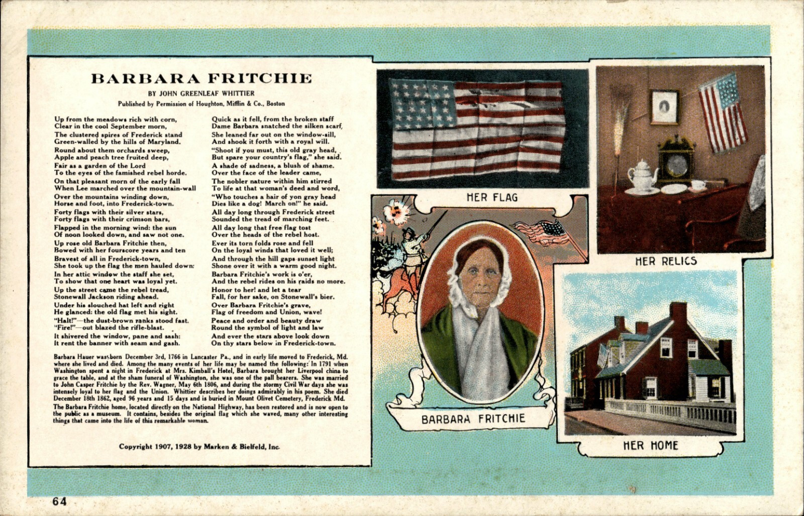 VTG Barbara Fritchie Frederick Maryland Postcard Unposted American Flag ...