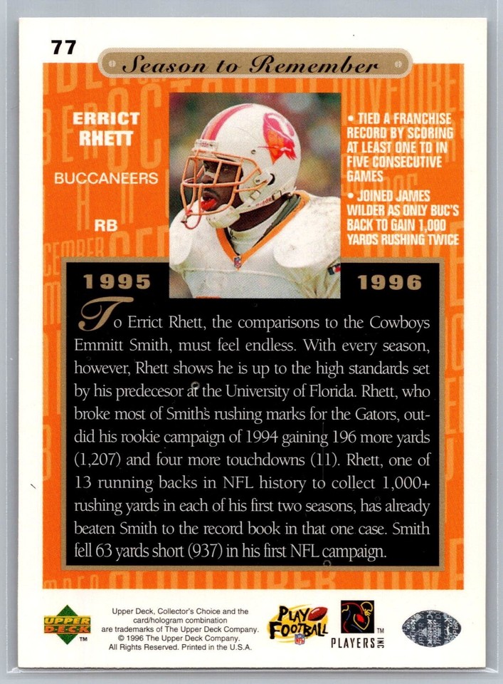 1996 Upper Deck SEASON TO REMEMBER Card # 77 Errict Rhett - Tampa Bay ...