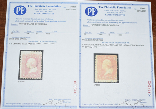 USA 1861 Sc#s 65 3c Rose - Two Color Reference Stamps w/ 2021 PF ...