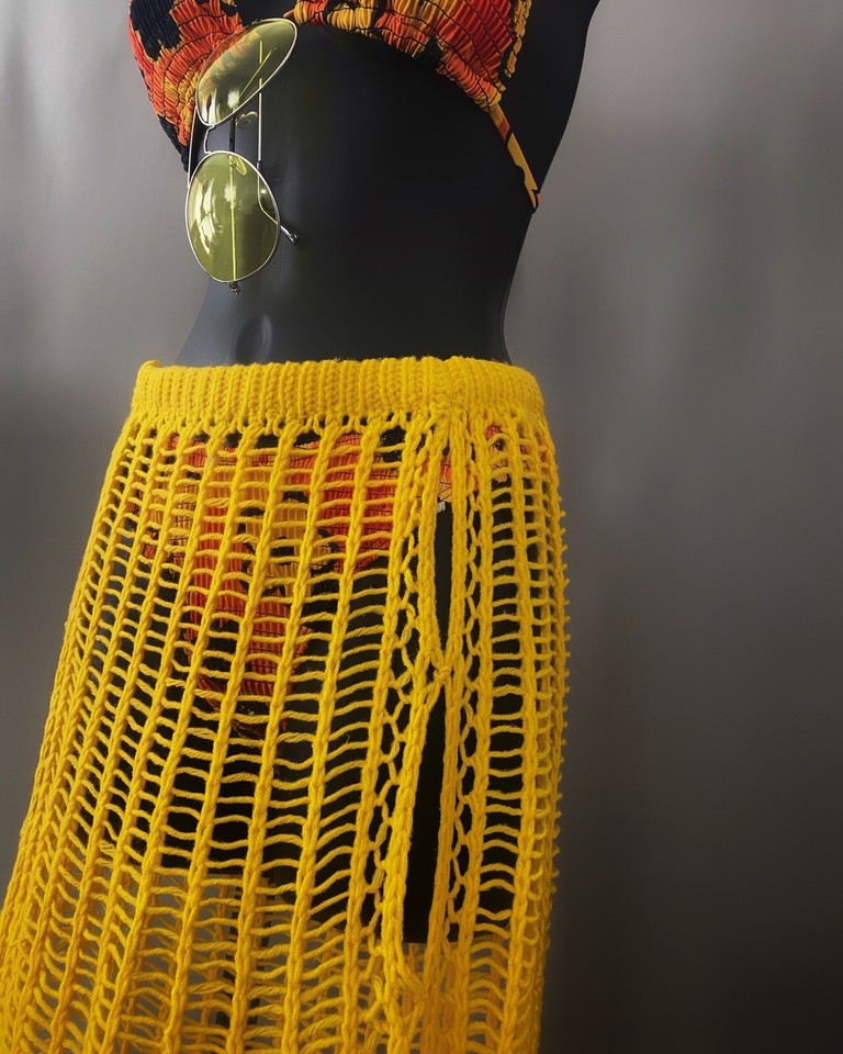 Yellow Cutout Crochet Fishnet Long Maxi Skirt, Bathing Suit Cover Up | eBay