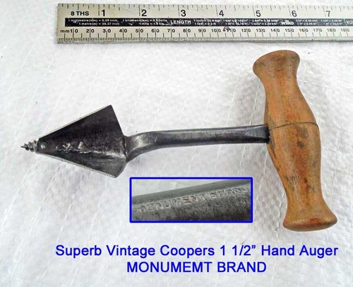 Vintage Beech Handled MONUMENT Brand Coopers 1 1/2" Conical Hand Auger ...