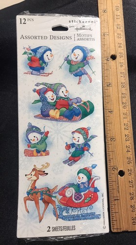 HALLMARK CHRISTMAS SNOWMAN SLEDDING STICKERS W/ GLITTER NOS SEALED NIP ...