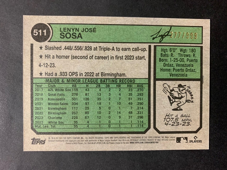 Lenyn Sosa 2023 Topps Heritage High Number Chrome Parallel /999 #511 ...