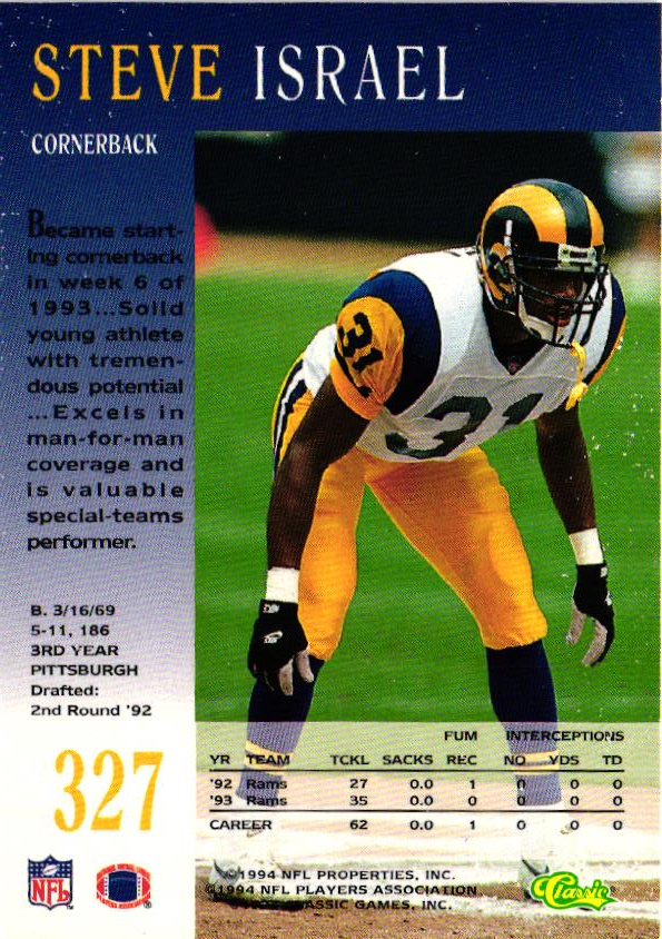 1994 Classic Pro Line Live - #327 Steve Israel - Los Angeles Rams | eBay