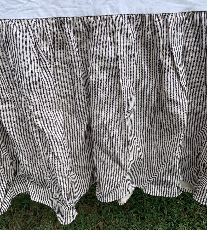 VTG Custom Black Taupe Linen Stripe Cotton Queen Dust Ruffle 15”drop ...