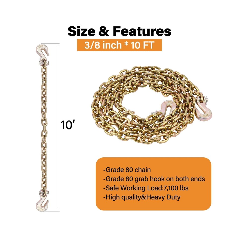3/8 Chain Grade 80,Transport Binder Chain 3/8 Inch ×10 FT, 3/8 Tow ...