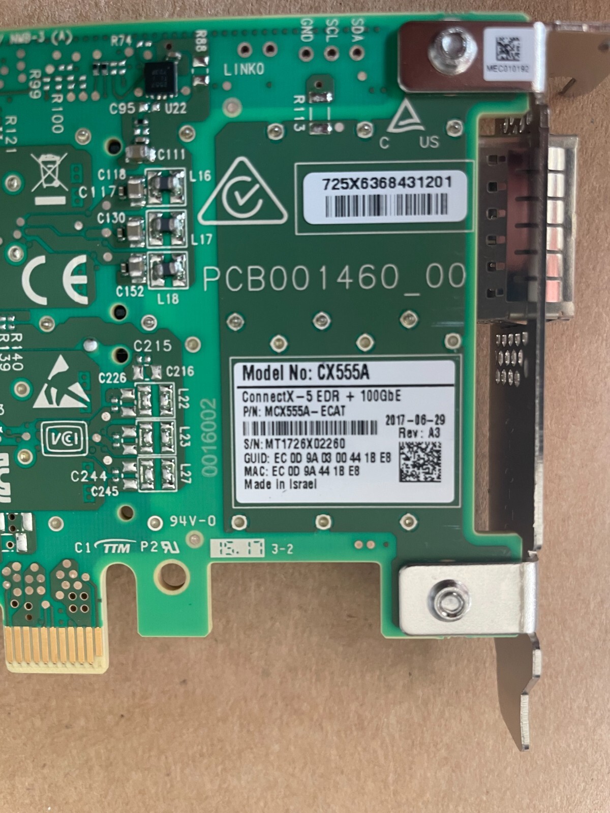 Mellanox MCX555A-ECAT ConnectX-5 EDR IB Single Port PCIe 3.0 100GbE NIC ...