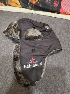 NEW Heineken Beer Trapper Style Hat Ear Flap Fur Knit Quilted Winter ...