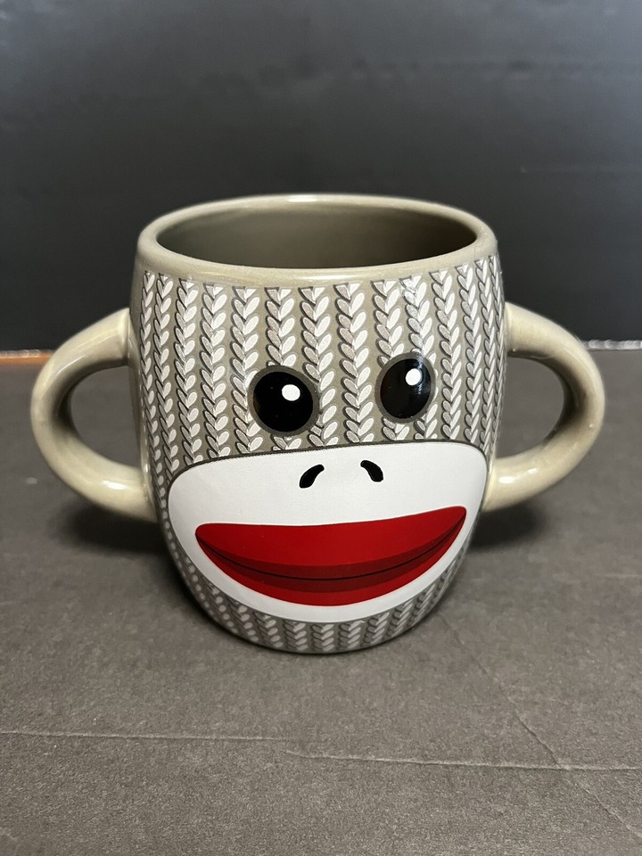 A Galerie DOUBLE SIDED GRAY SOCK MONKEY Ceramic Coffee Tea Cocoa Mug ...
