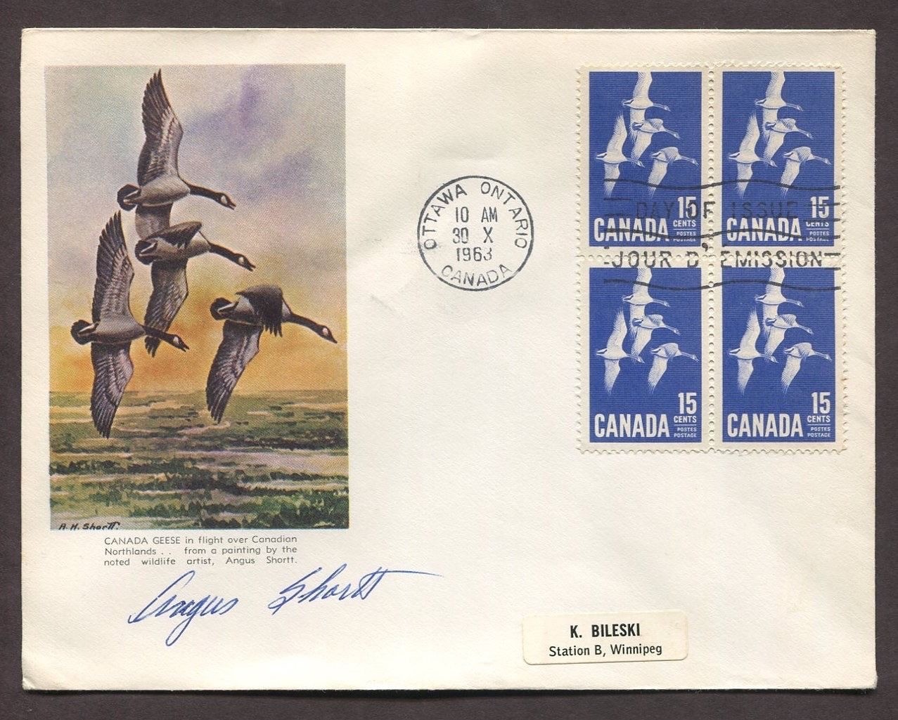 CANADA 1963 'ANGUS SHORTT' ARTIST SIGNED CANADA GEESE FIRST DAY COVER ...