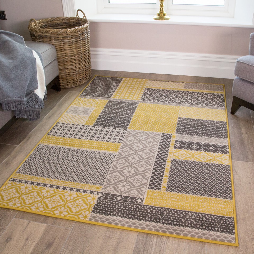 Ochre Mustard Rugs For Living Room Modern Soft Warm Yellow & Grey ...