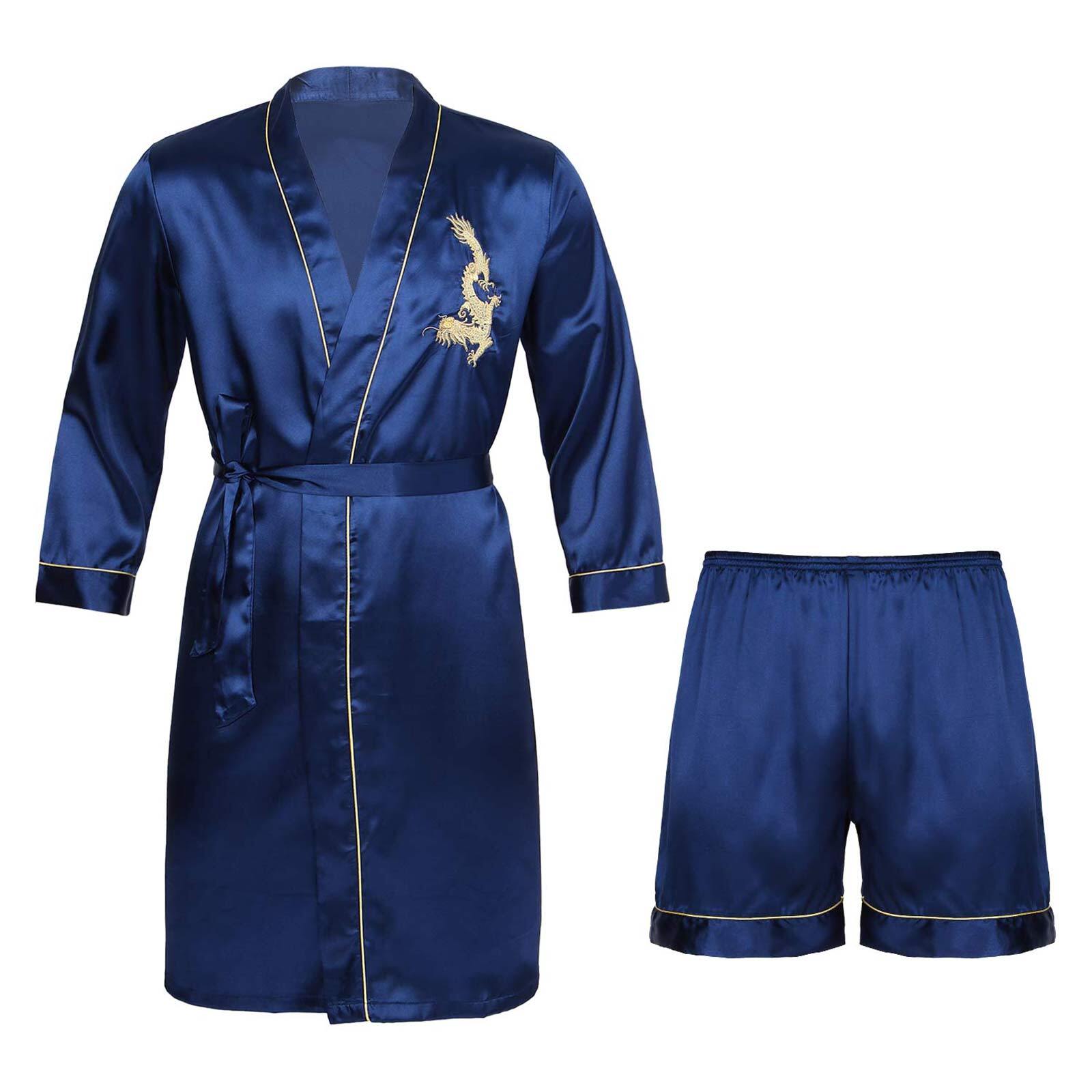 Men's Satin Robes with Shorts Bathrobe Long Sleeve Dragon Embroidery ...