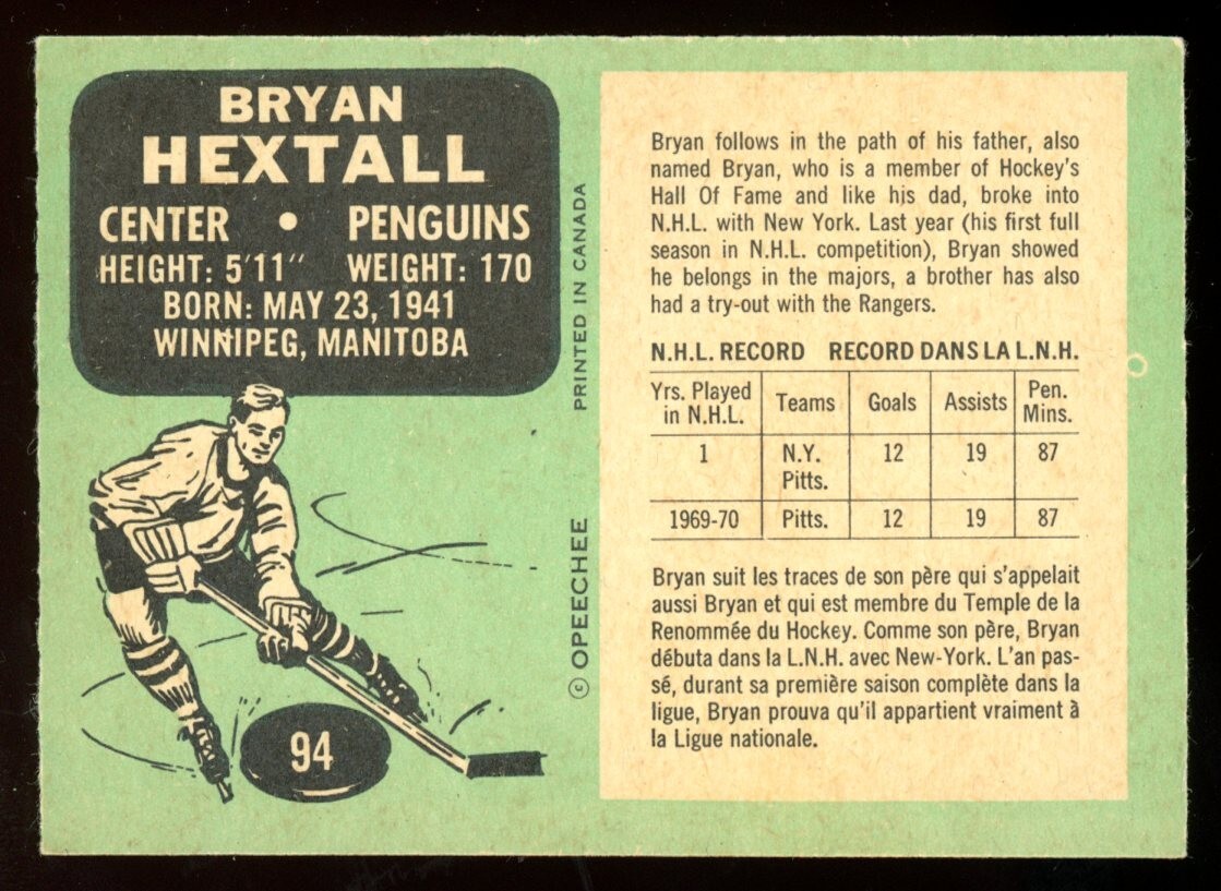 1970 71 OPC O PEE CHEE HOCKEY #94 Bryan Hextall NM-MT Pittsburgh ...