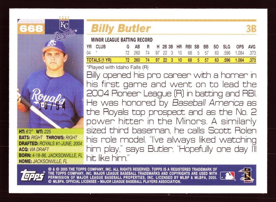 Billy Butler Kansas City Royals 2005 Topps Black #668 SN /54 | eBay