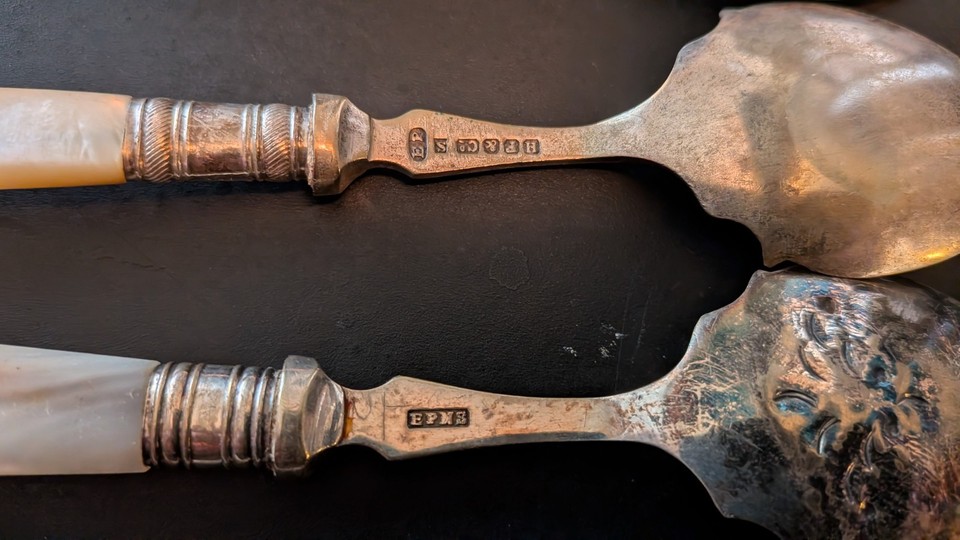 Antique MOP Mother Of Pearl Silverware Spoons Forks Knives Serving Set ...