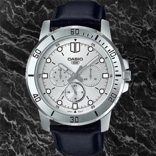 Casio MTP-VD300L-7E Men's Silver Dial Analog Watch Black Leather Band ...