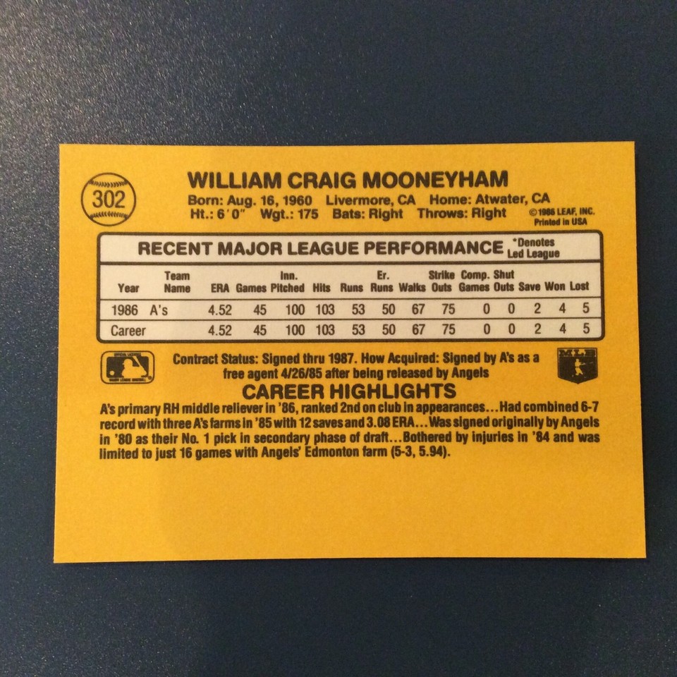 1987 Donruss #302 Bill Mooneyham Oakland Athletics | eBay