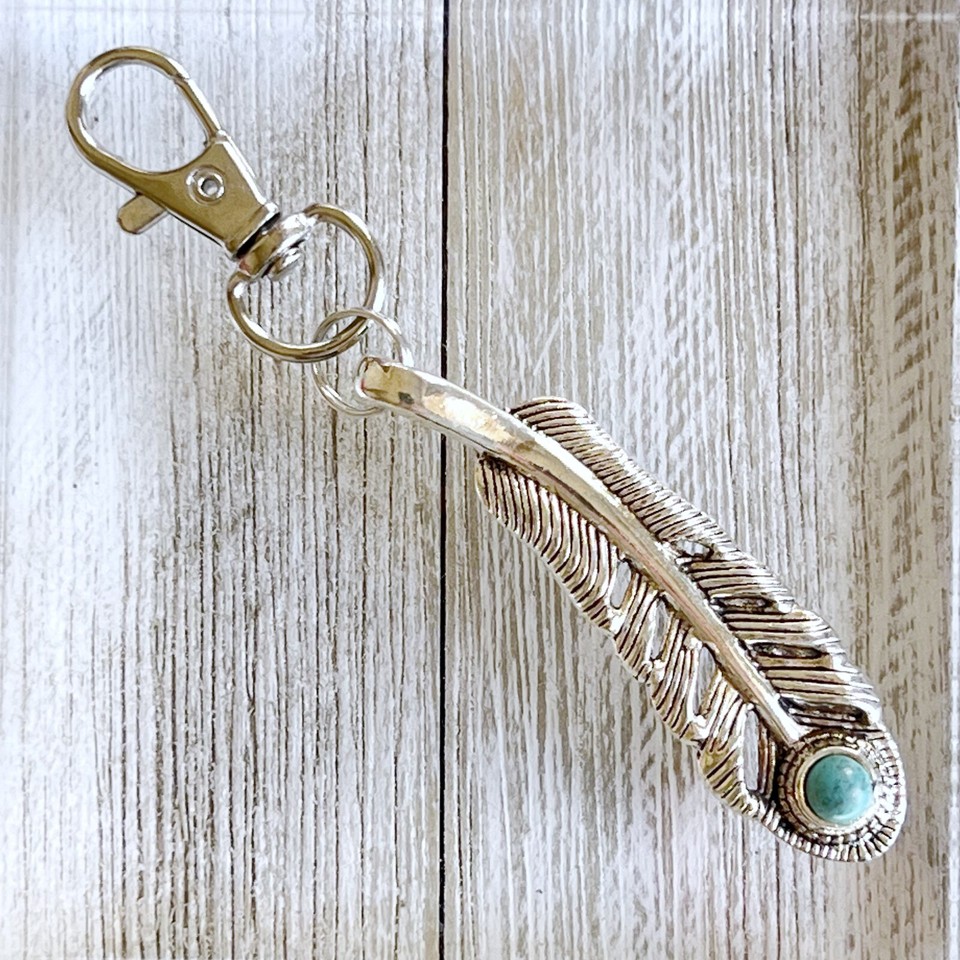 Turquoise Silver Feather Western Zipper Pull Keychain Purse Charm | eBay