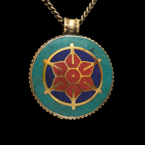 Pendant Lotus Amulet Colourful Turquoise Blue Red Gold Brass Round Gift ...