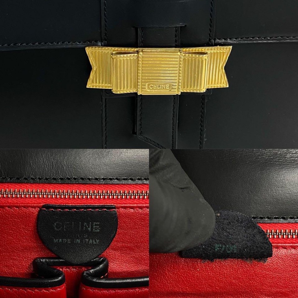 Celine Vintage Logo Ribbon Calf Leather Handbag Black Vintage F/01 ...