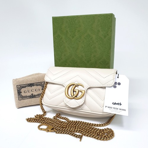 GUCCI 476433 GG Marmont Mini Chain Shoulder Bag Beige Calfskin With Box ...