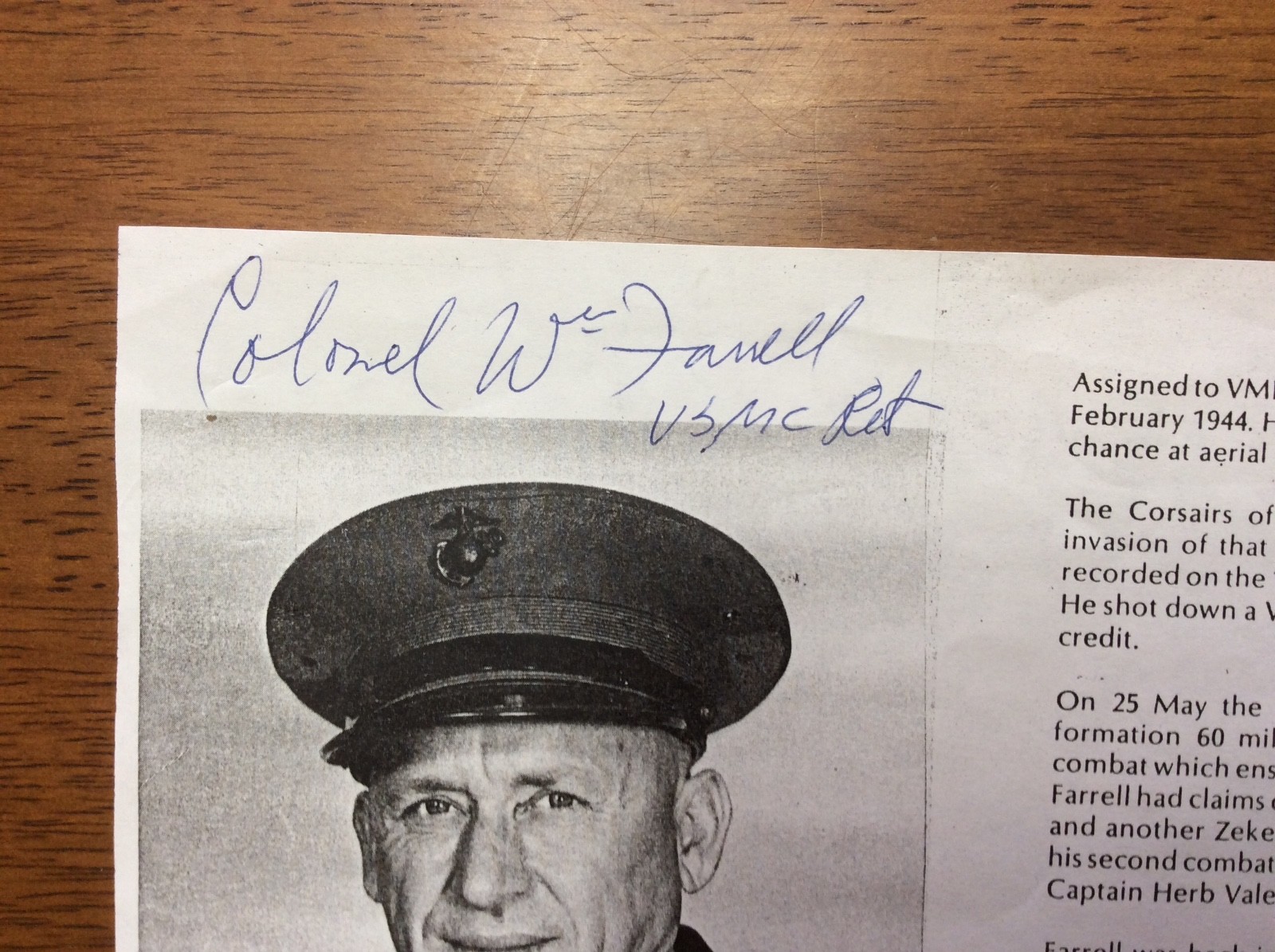 WWII Korea ACE Colonel WILLIAM FARRELL SIGNED USMC Marine Corps VMF-312 ...