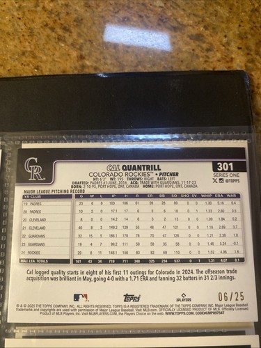 Cal Quantrill #301 Spring Training Orange Foilboard 6/25 2025 Topps ...