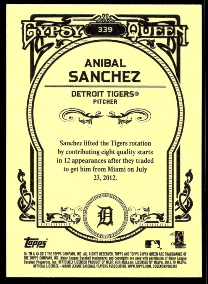 2013 Topps Gypsy Queen Anibal Sanchez G51 Detroit Tigers #339 | eBay