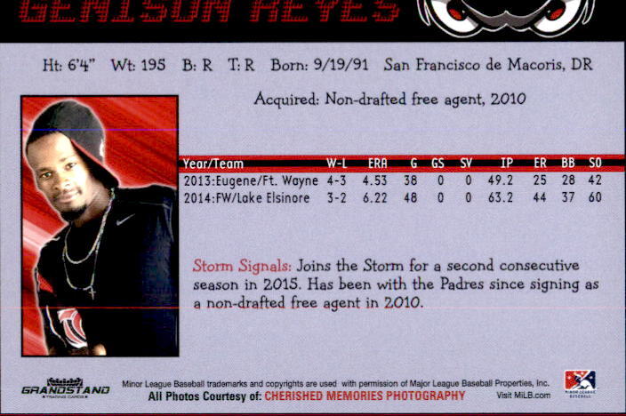 2015 Lake Elsinore Storm Grandstand #22 Genison Reyes Dominican ...