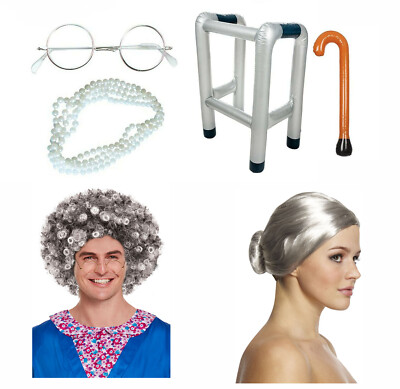 Granny Old Lady Fancy Dress Costume Accessories Wig Zimmer Walking ...