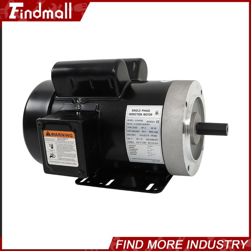 5HP Electric Motor 3450RPM Single Phase 208-230V 56C Frame 5/8" Shaft ...