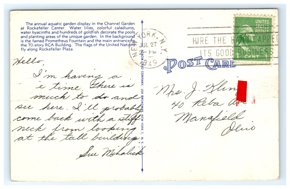 Postcard Channel Garden Rockefeller Center New York City Linen Posted ...