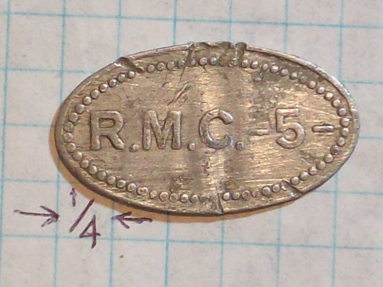 EMBLEM TAG TOKEN R.M.C.5 RMC5 ALUMINUM OVAL 1 3/8” x 3/4 REYNOLDS ...