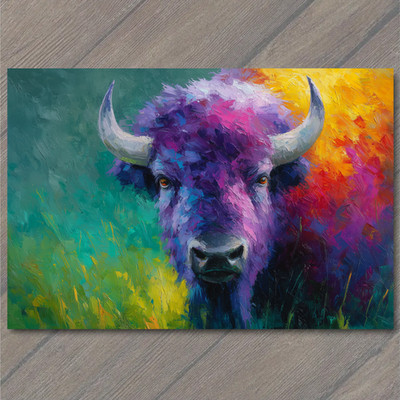 POSTCARD Colorful Bison Forward Facing Rainbow Fur Buffalo Horns Bright ...