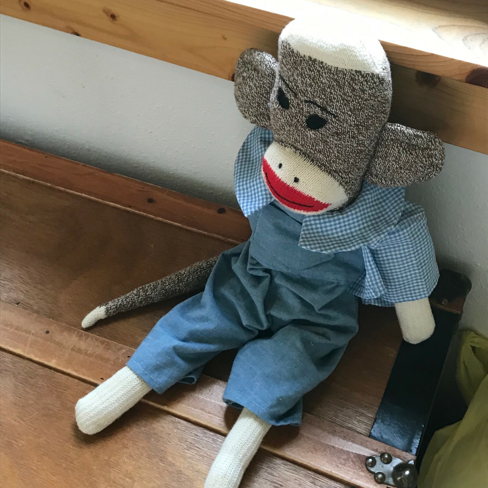 Hand Made Brown Heather Sock Monkey with Blue Overalls & Gingham Shirt ...