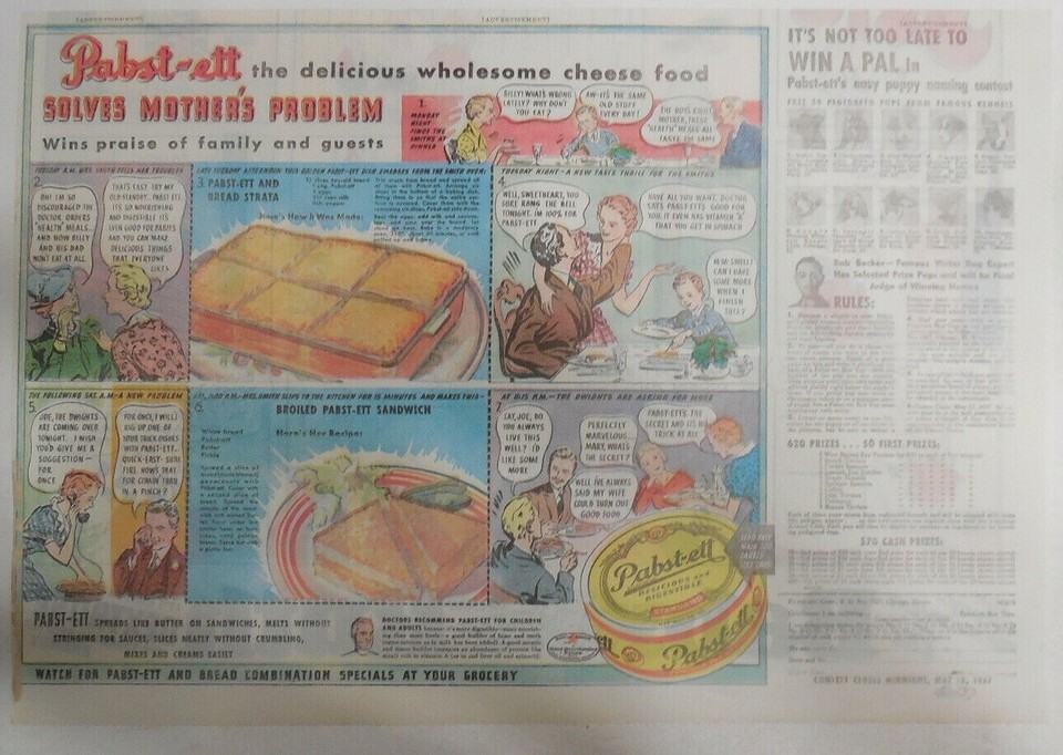 Pabst-ett Cheese Spread Ad: Win A Puppy Contest ! 1930's Size: 11 x 15 ...