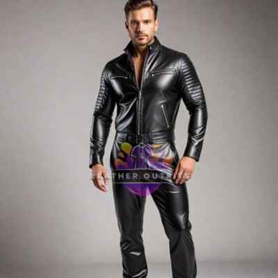 MEN'S GENUINE SOFT BLACK LEATHER JUMPSUIT CATSUIT FRONT ZIPPER OVERALL ...