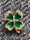 shamrock Brooch pin clear rhinestones green enamel gold tone .75"X .75 ...