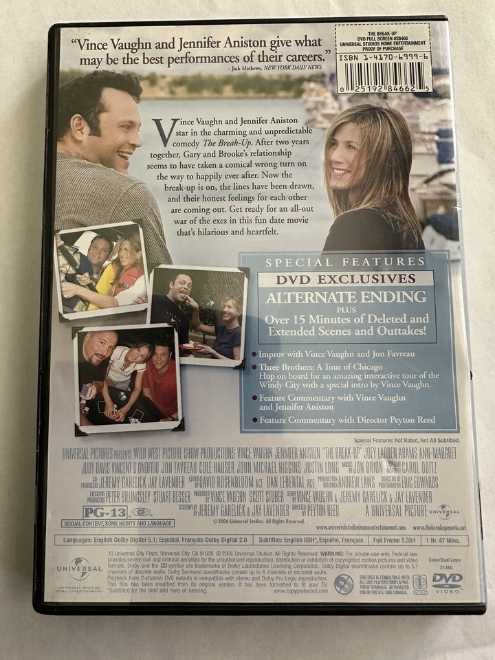 The Break-Up (DVD, 2006, Full Frame Edition) Vince Vaughn & Jennifer ...