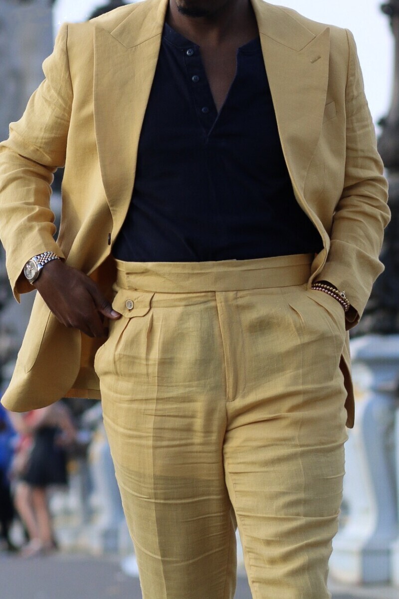 Fashion Yellow Linen Men Suits Wide Peak Lapel 2Pcs Wedding Party ...