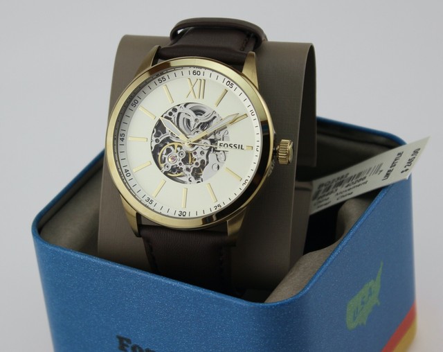 Fossil Men's Flynn Automatic Skeleton Gold Tone Brown Leather Watch ...