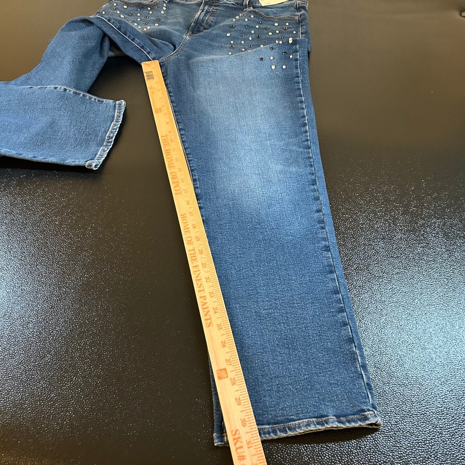 ANA High Rise Straight Jeans Embellished Rhinestone Denim Pants Womens ...