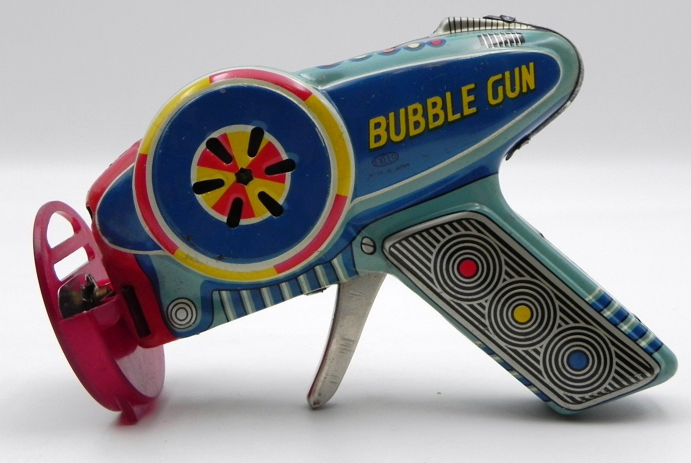 Bubble gun tin Japan Exelo space toy 1950s gioco pistola spaziale latta ...