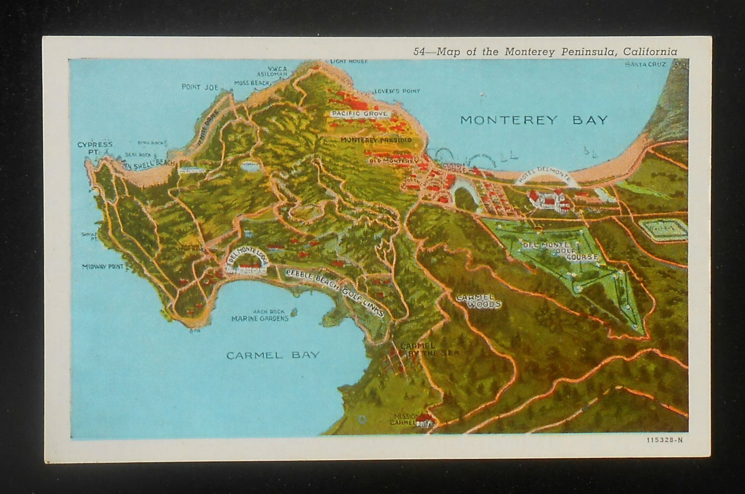1940s Map of the Monterey Peninsula CA Monterey Co Postcard California ...