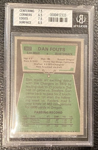 1975 Topps #367 DAN FOUTS San Diego Chargers ROOKIE - BGS 6.5 Excellent ...