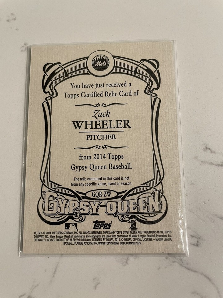 Zach Wheeler jersey relic baseball card (Mets) 2014 Topps Gypsy Queen # ...
